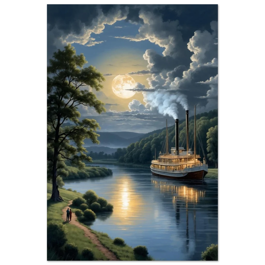 Tranquil Night River Art - Steamboat Landscape, Moon Reflection - Arty ...