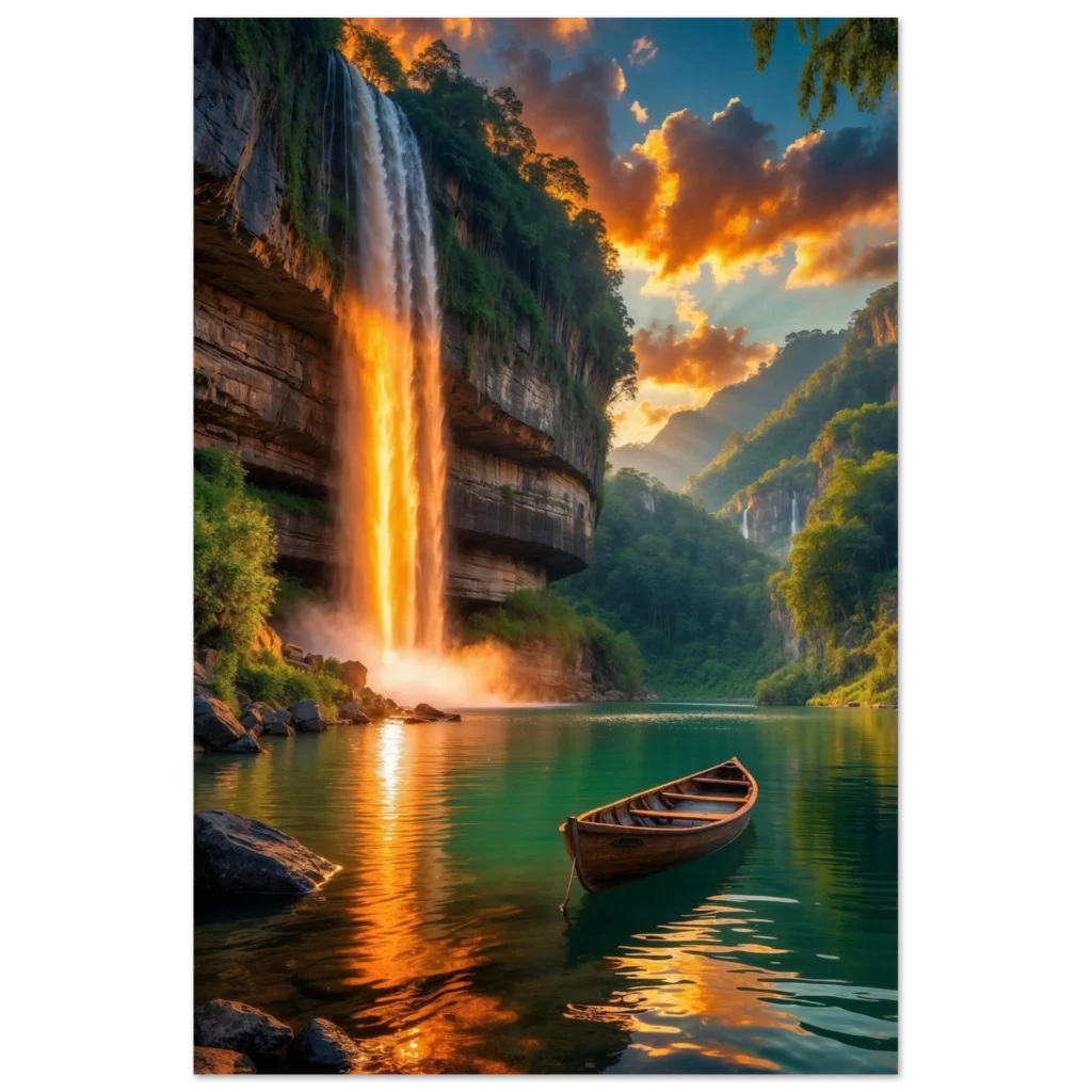Picturesque Waterfall Print | Nature Landscape, Rowboat & Lake - Arty Haven